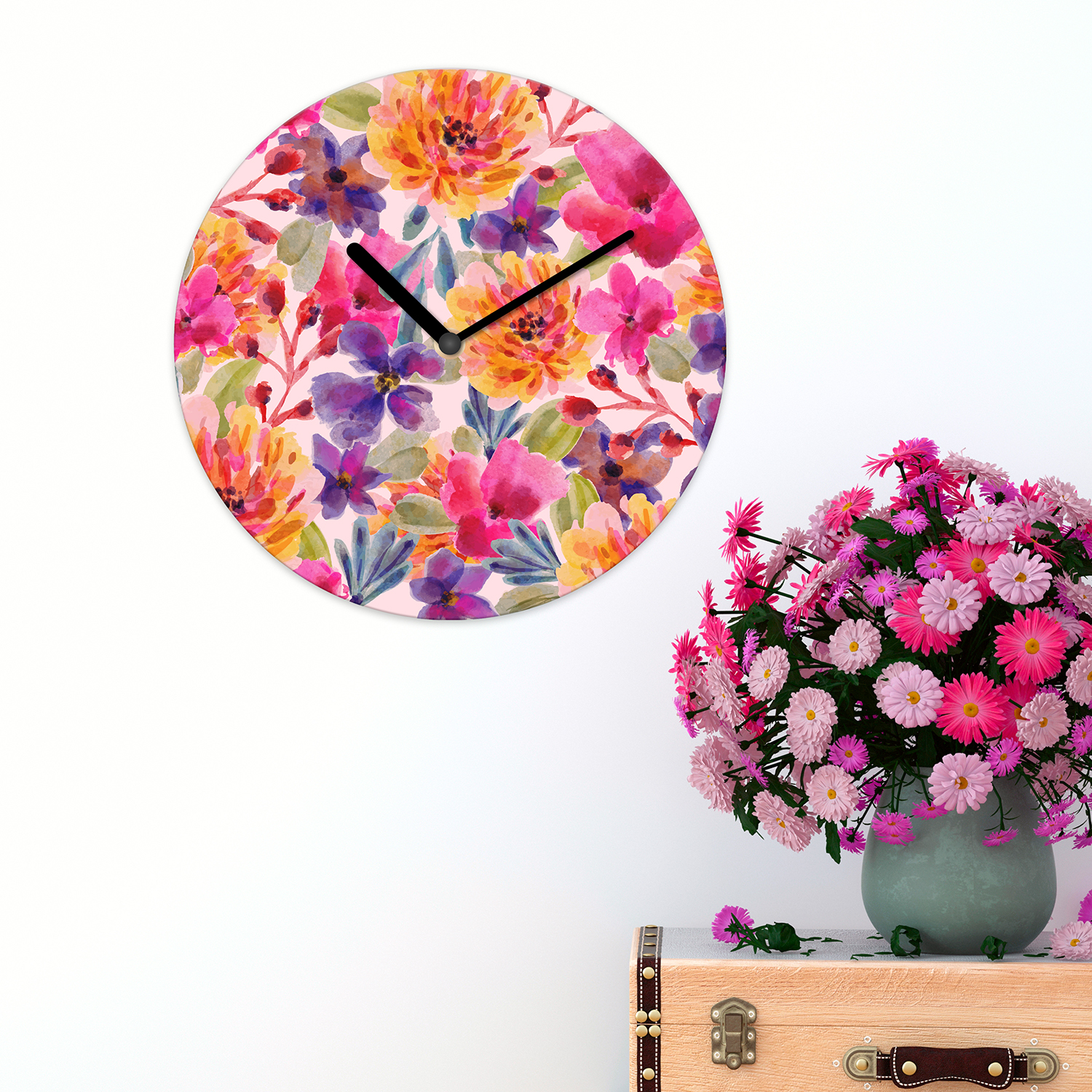 Watercolour Floral Pattern Colourful Wall Clock – Walplus