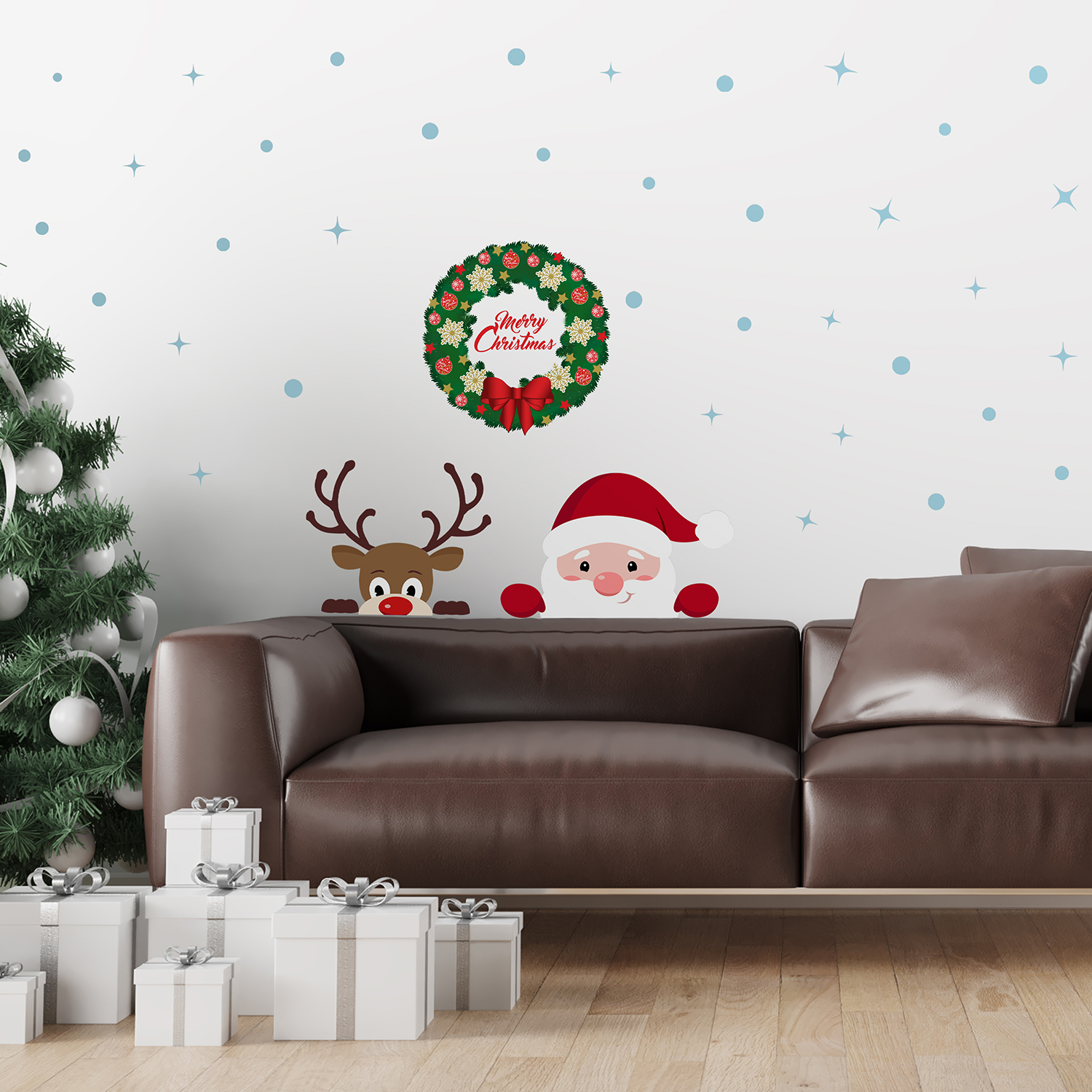 Peeking Santa & Rudolph with Christmas Garland – Walplus
